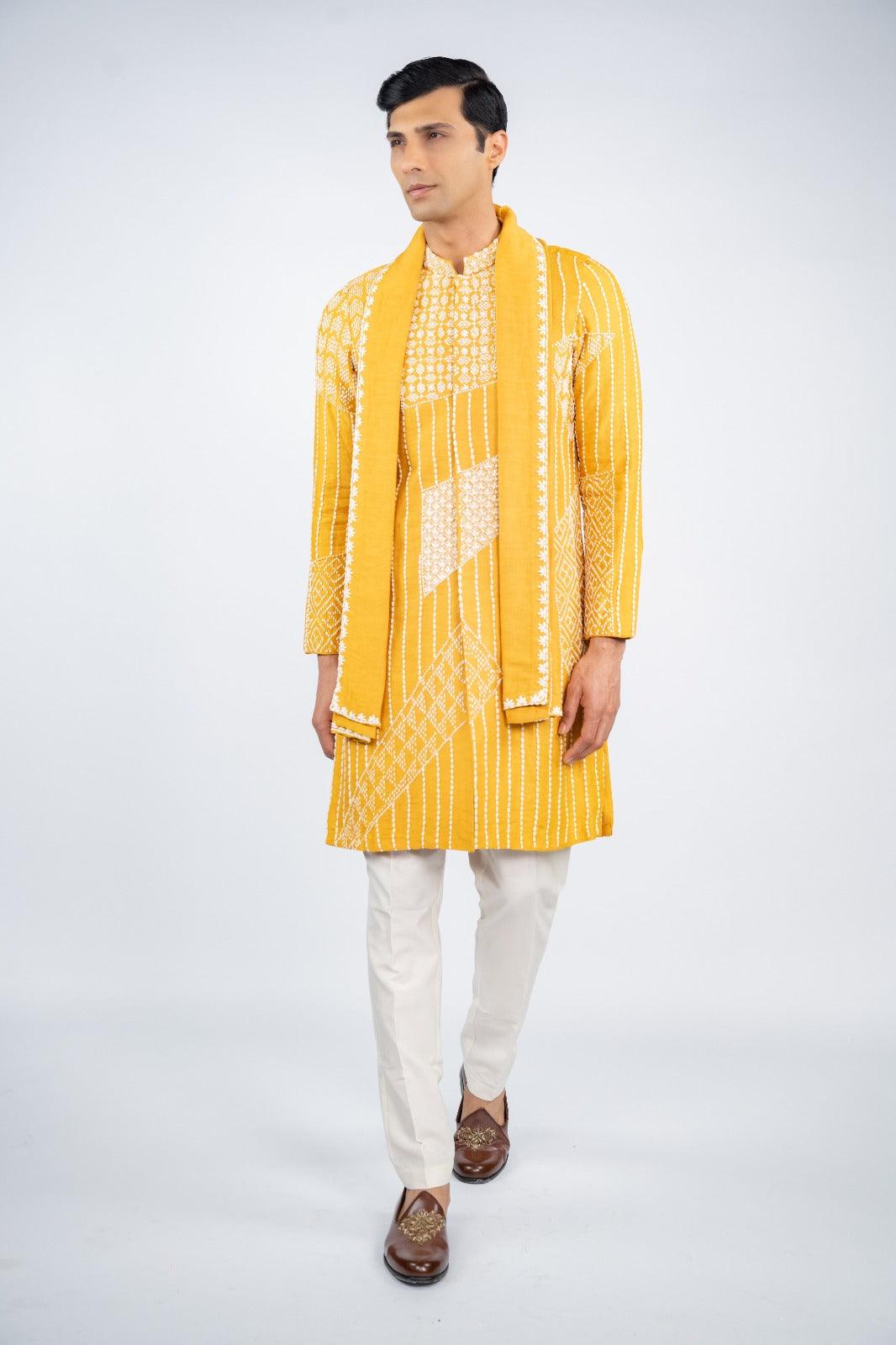 Buy Designer Ethnic Mustard Yellow Front Open Kurta Set for Men Online ...