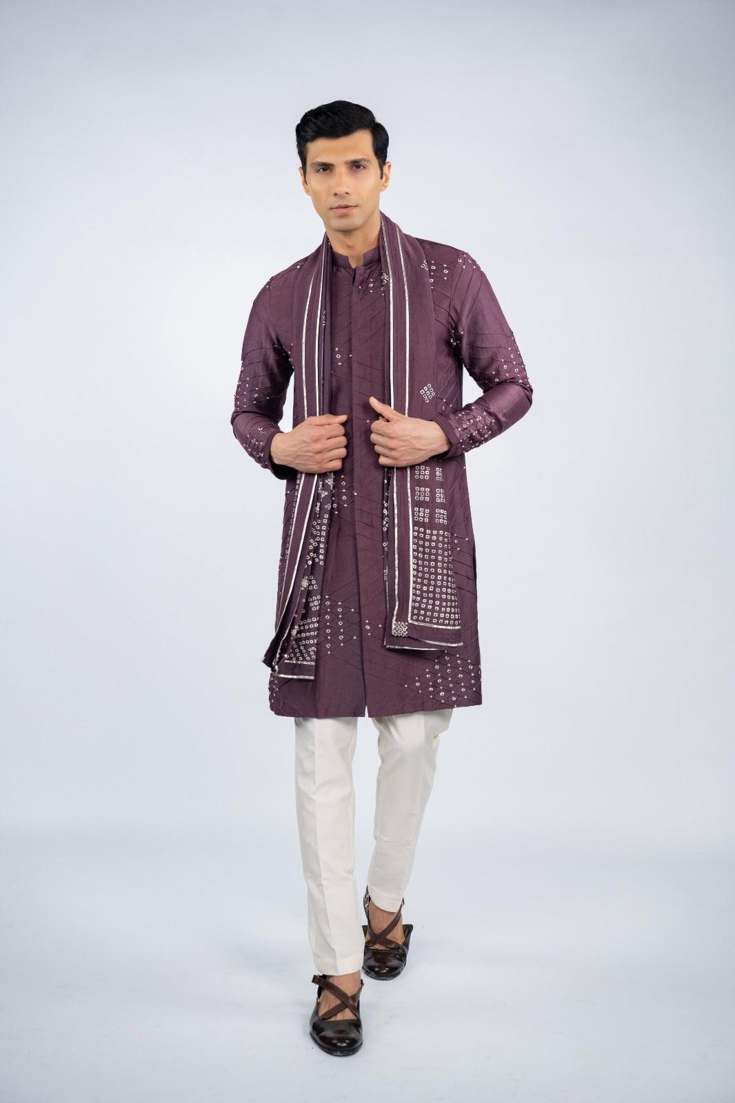 Buy Designer Ethnic Deep Purple Front Open Kurta Set for Men Online ...
