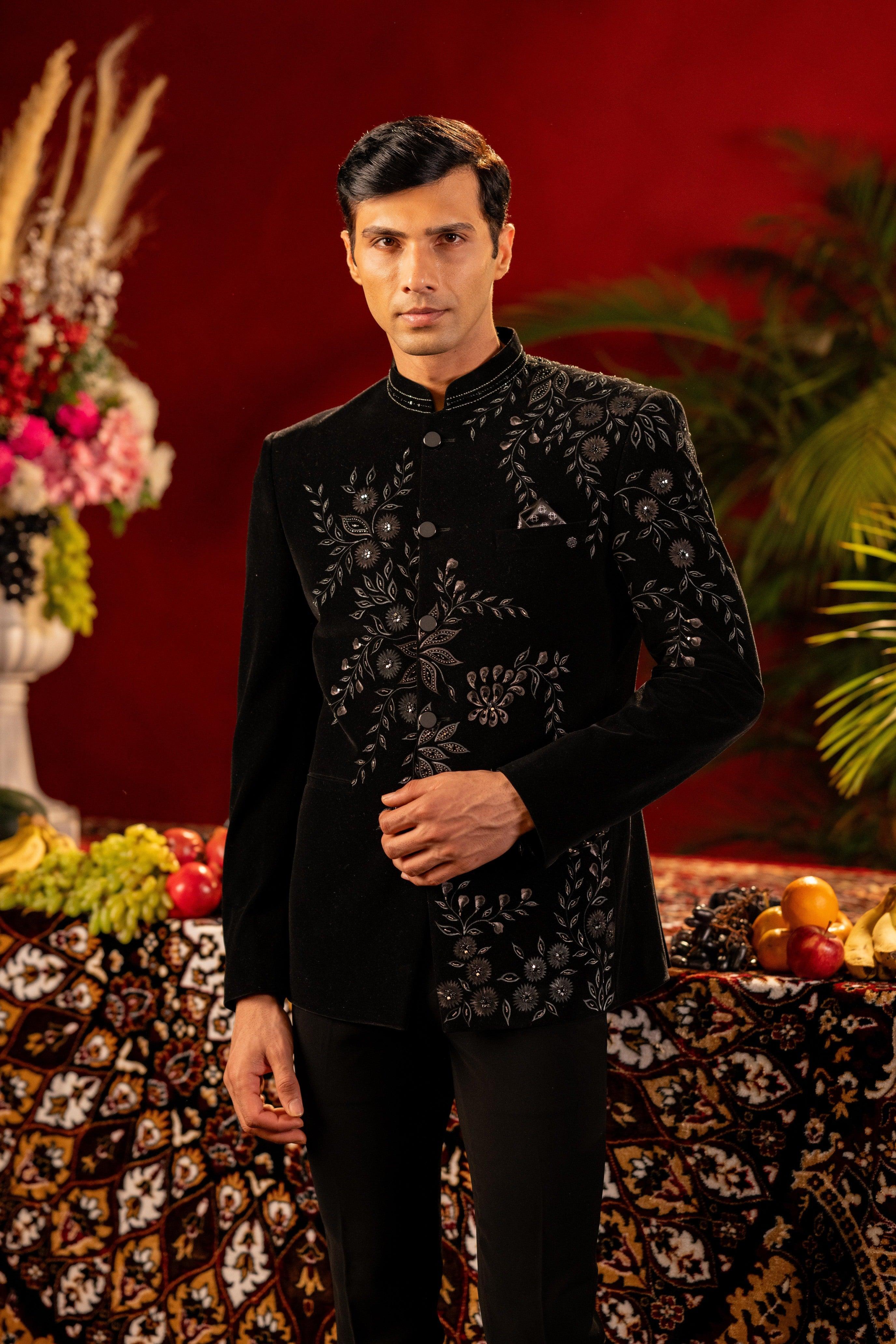 Buy Designer Ethnic Black Velvet Jodhpuri with Hand-Painted Veil for ...